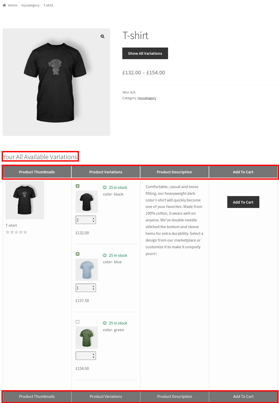 WooCommerce Product Variation Table - Tabular Format, Grid View of Variation, Table ...